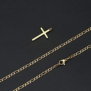 14K Gold Filled Cross Necklace for Men Figaro Chain Cross Necklace Stainless Steel Plain Cross Pendant Necklace Simple Faith Jewelry Gift for Boys 18"