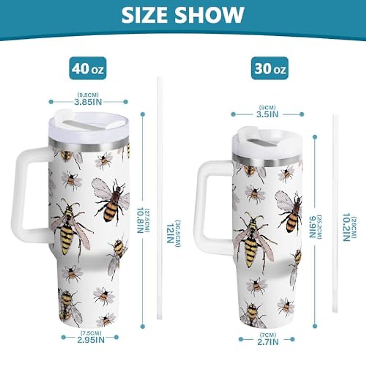 CIJEMAPW Wasp Small Funny Bee Insulated Tumblers Embroidery 40 oz Water Bottles Travel Mug with Handle and Straw Lid Leakproof School Work Outdoor for Women & Men