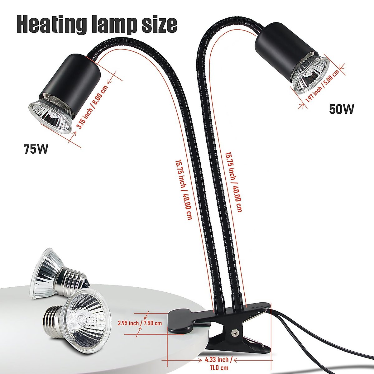 TFNN Reptile Heat Lamp, Double-Head Heat Lamp with Clamp, UVA UVB Reptile Light with Intelligent Cycle Timer for Turtle, Bearded Dragon, Lizard and More, 2 Bulbs 50W+75W