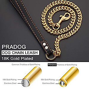 PRADOG Chain Dog Leash Metal Chew Proof 12MM Pet Leash Chain with Leather Padded Handle for Large Medium Small Dogs(Total Length of 3ft)