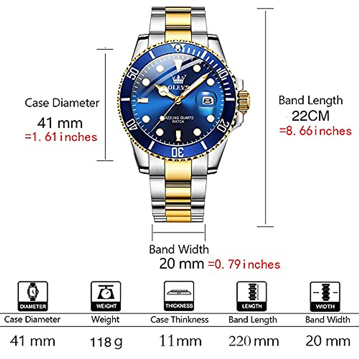 OLEVS Gold Stainless Steel Watch for Men Under 100, Blue,Waterproof, Big Face Dress Watches Men Date,Relojes De Hombre,Luminous Man Wristwatches, Male Diver Watch