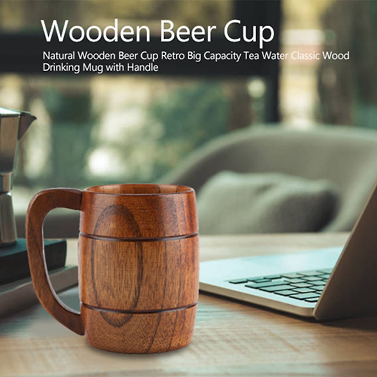 Gavigain Wooden Drink Mug,natureWooden Beer Cup Retro Big Capacity Tea Water Classic Wood Drinking Mug with Handle,Beer Cups for Men & Women