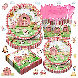 Piooluialy Pink Farm Birthday Party Supplies for Girl - Farm Animal Baby Shower Party Decorations Include Dinner Plates, Cups, Napkins, Cutlery, Farm House Barnyard Theme Party Supplies | Serves 24
