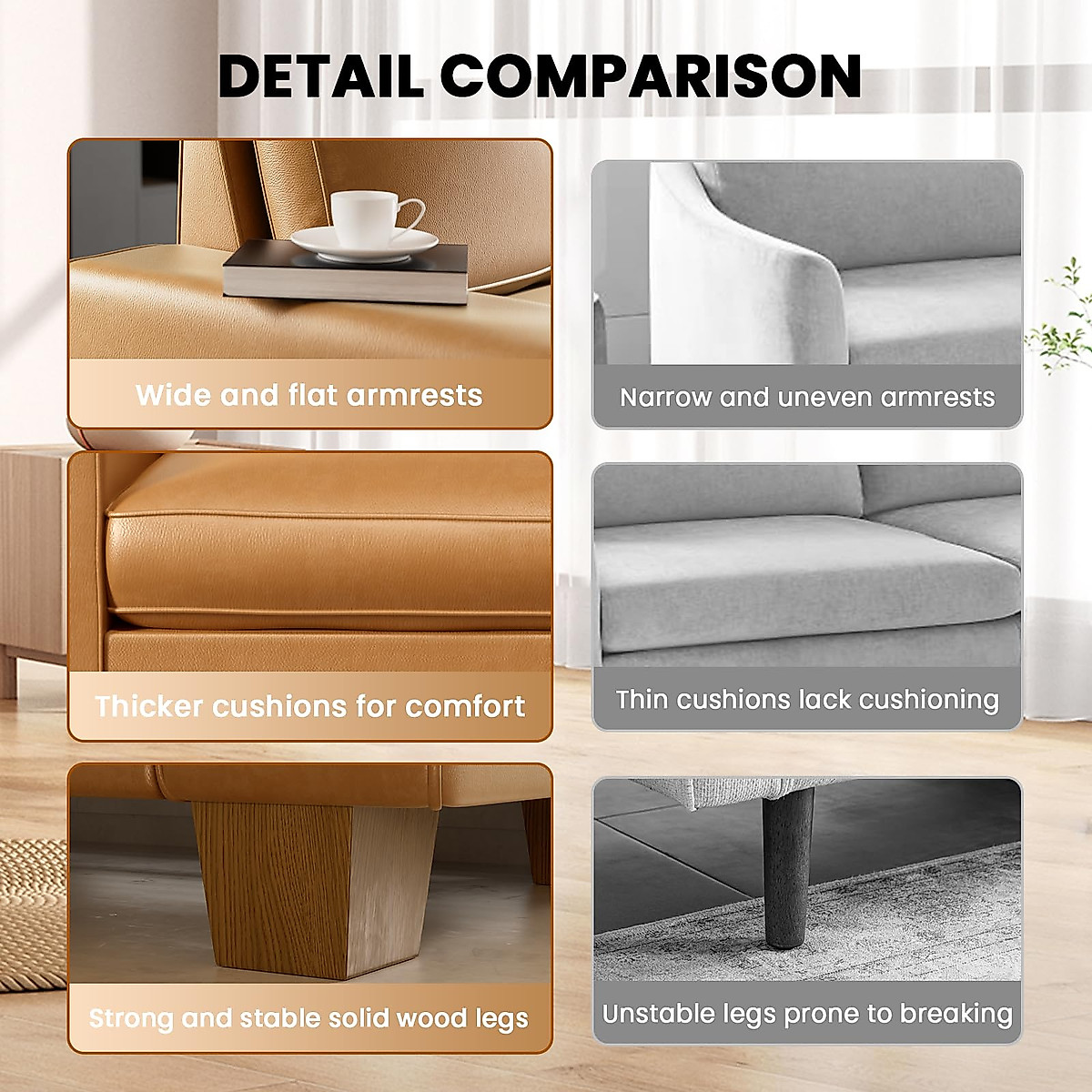 COUCHOICE Modern Faux Leather Sofa Couch,Loveseat Sofa,Small Sofa,with Spring Cushions and Solid Wood Frame,Removable Sofa Cover,Suitable for Living Rooms,Offices,Apartments(88.58inch,Brown)