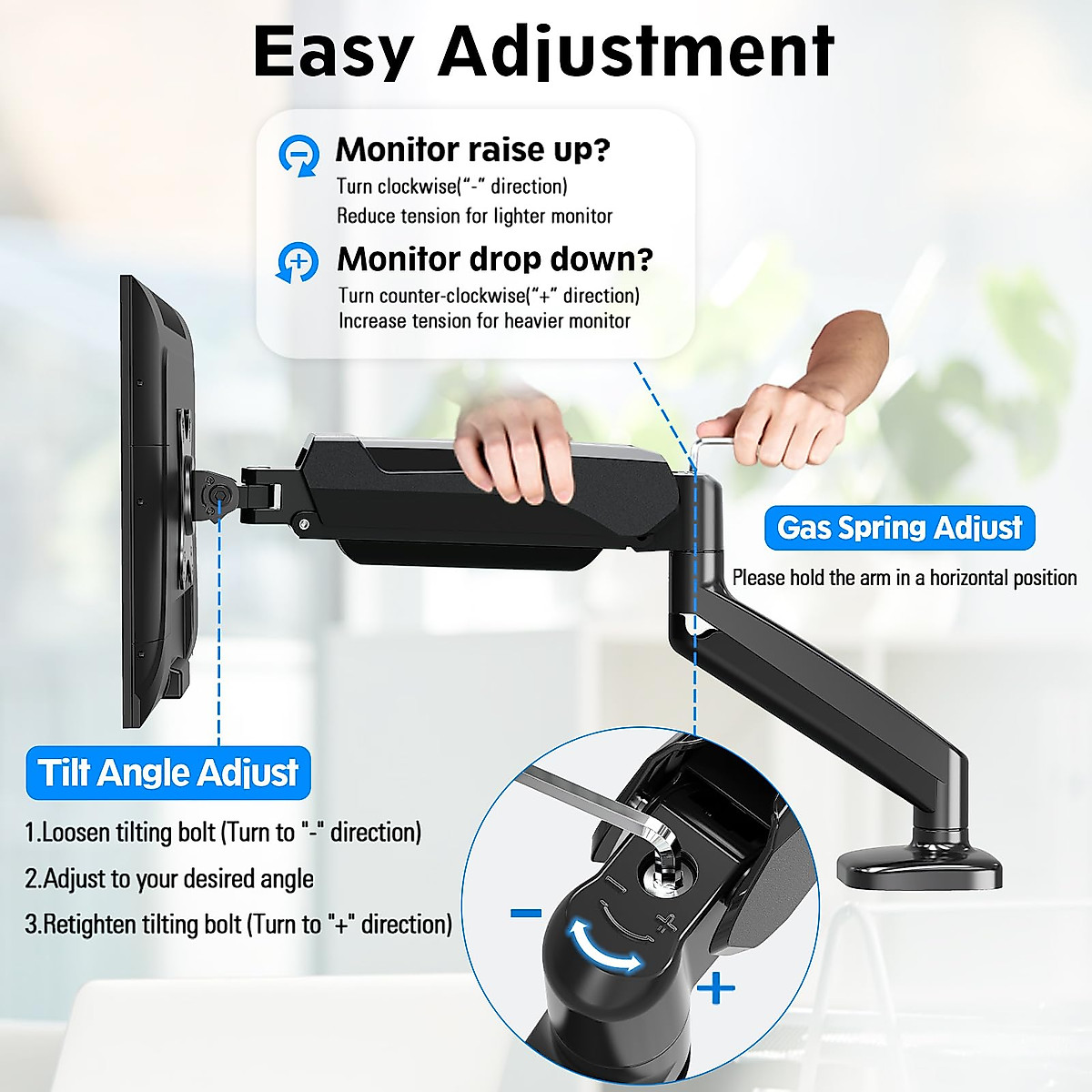 MOUNTUP Single Monitor Desk Mount, Adjustable Gas Spring Monitor Arm Support Max 32 Inch, 4.4-17.6lbs Screen, Computer Monitor Stand Holder with Clamp/Grommet Mounting Base, VESA Mount Bracket, Black