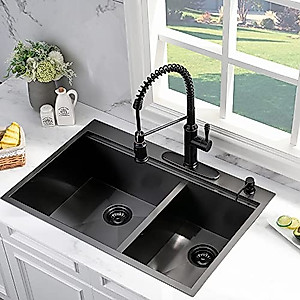 SOMRXO 28 Black Stainless Steel Kitchen Sink Double Bowl 28x22 Drop In Kitchen Sink Workstation Ledge 16 Gauge Gunmetal Black Kitchen Sink Topmount 10" Deep 40/60 Low-Divide Double Bowl Kitchen Sinks