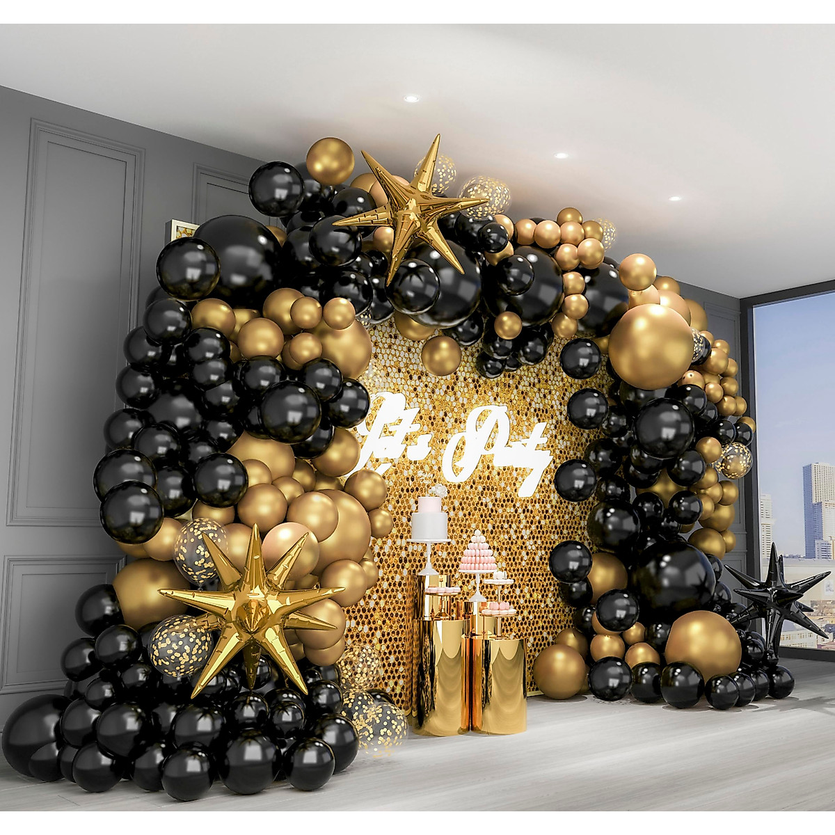 PARTYNOW 137Pcs Black and Gold Balloons Garland Arch Kit 5/10/12/18in Black Metallic Gold Confetti Latex Balloons with Explosion Star Balloons for Graduation Anniversary Birthday Party Decorations
