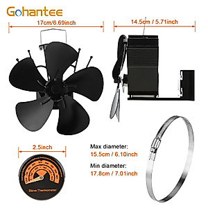 gohantee 5 Blades Stove Fan Heat Powered Fireplace Fan Hanging on Chimney Pipe for Wood Log Burner Fireplace Slient Efficiently Heat Distribution Eco-Friendly with Thermometer