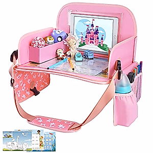 MENZOKE Kids Travel Tray for Toddler Car Seat, Lap Tray for Girl Activities with Dry Erase Board & Cooler Cup Holder, Road Trip Essentials Accessories with No-Drop Large Tablet iPad Holder Stand,Pink
