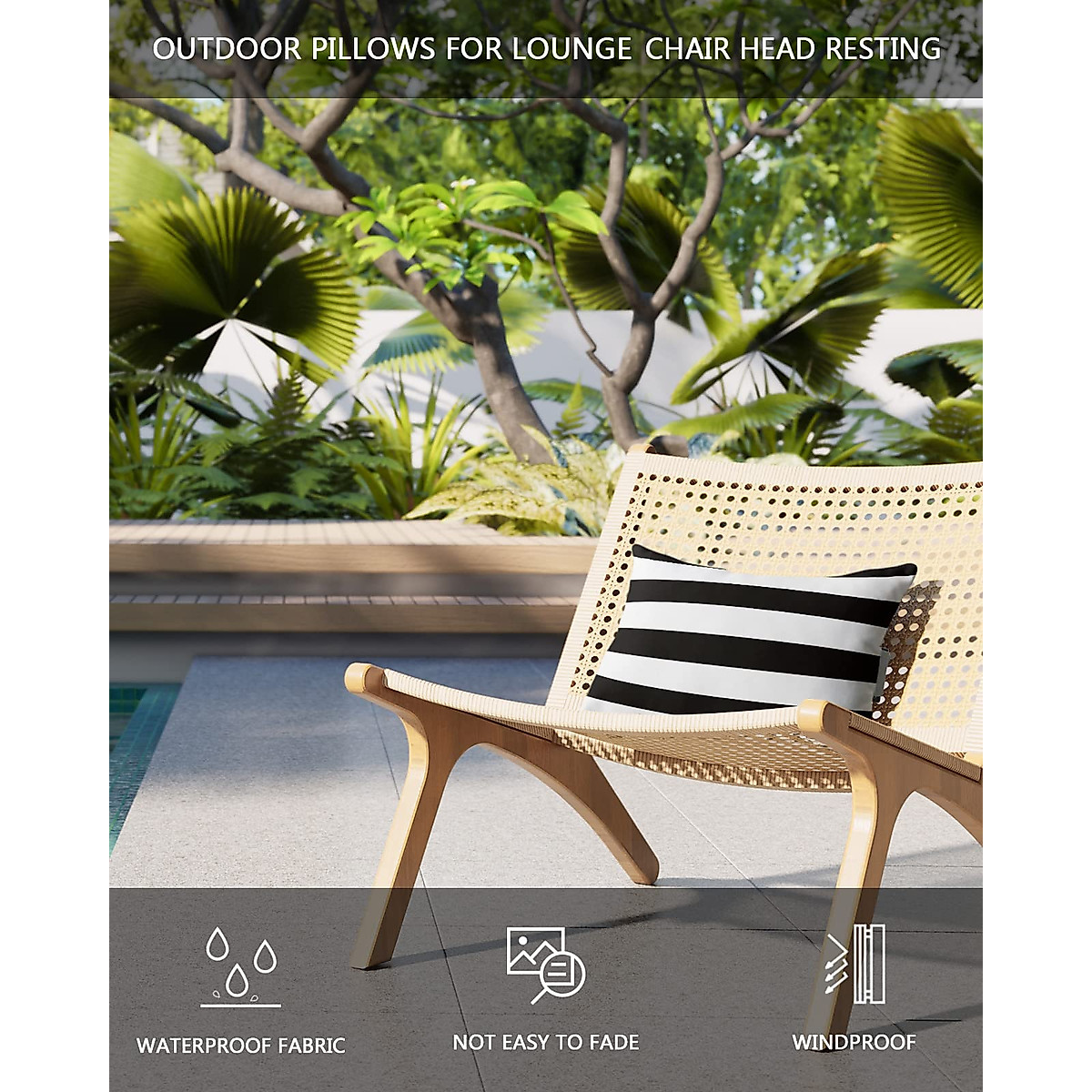 Outdoor Pillow for Chaise Lounge Chair, Simple Stripe Black and White Waterproof Headrest Pillow Lumbar Pillows with Insert & Adjustable Elastic Strap for Beach, Poolside, Patio, Office (1 Pack)