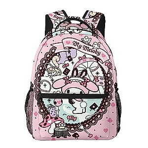 DIEZ My Bunny Melody Backpack Women Casual Pink Backpack Cartoon My Bunny Melody Kawaii Backpack Breathable Large-Capacity Travel Daypack With Keychain