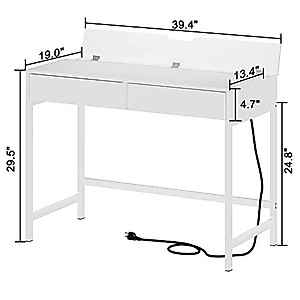 Treocho Computer Desk with USB Charging Ports and Power Outlets, Modern Simple 40 inch White Desk with 2 Drawers, Vanity Desk, Makeup Table for Home Office, Bedroom
