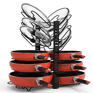 X-cosrack Pot Pan Lid Rack 12 Tier Two-in-One Adjustable Pan Organizer Holder with Non-Slip Rubber for Kitchen Cabinet Counter, 6 DIY Methods, Black