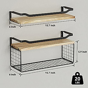 WOPITUES Floating Shelves with Wire Storage Basket, Bathroom Shelves Over Toilet with Protective Metal Guardrail, Wood Wall Shelves for Bathroom, Bedroom, Living Room, Toilet Paper- Light Brown