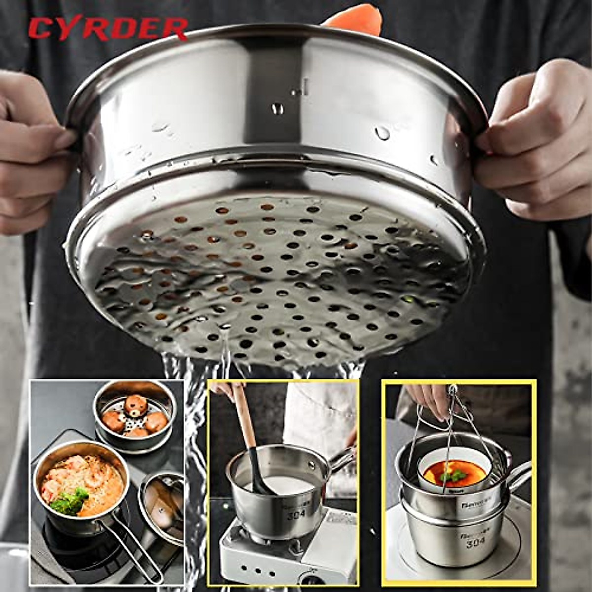 Cyrder 1.5 Quart Saucepan with Steamer Basket, 18/8 Premium Stainless Steel Sauce Pan, Duty Heavy Pot, Easy Pour With Ergonomic Handle, All Clad Tri-Ply Multipurpose Pot