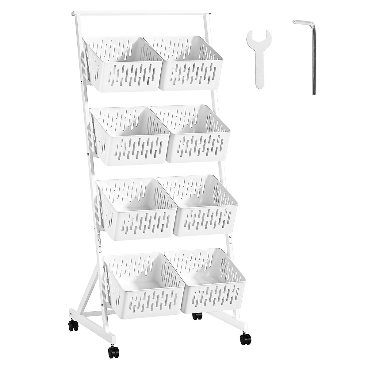 hatleues Fruit Vegetable Storage Basket, 4 Tier Fruit Storage Shelves with Removable Basket and Rolling Wheels,Kitchen Organizers and Storage Rack, Standing Utility Storage Cart (White, Four Layer)