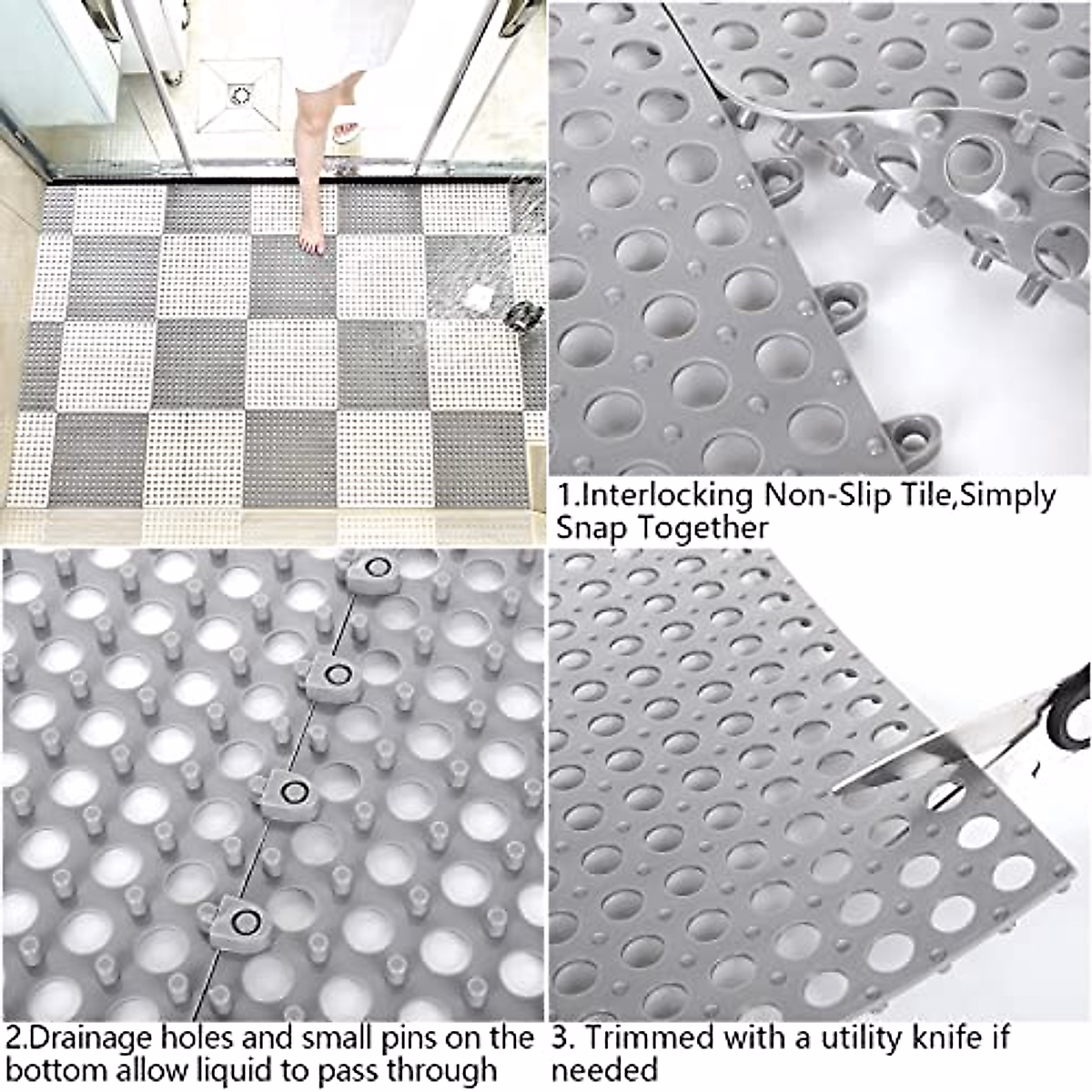 12 Pack 11.8" x 11.8" Interlocking Floor Tiles with Drain Holes Soft PVC Non Slip Shower Floor Mat Rubber Flooring Drainag Mat for Pool, Patio, Balcony, Kennel, Poultry, Dog, Grey&White