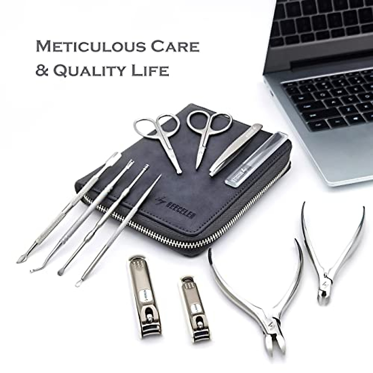 Geeceler Manicure Pedicure Grooming Kit 12 Pcs, Professional Nail Clippers Set with Case, Gift for Men/Dad/Women(Black)