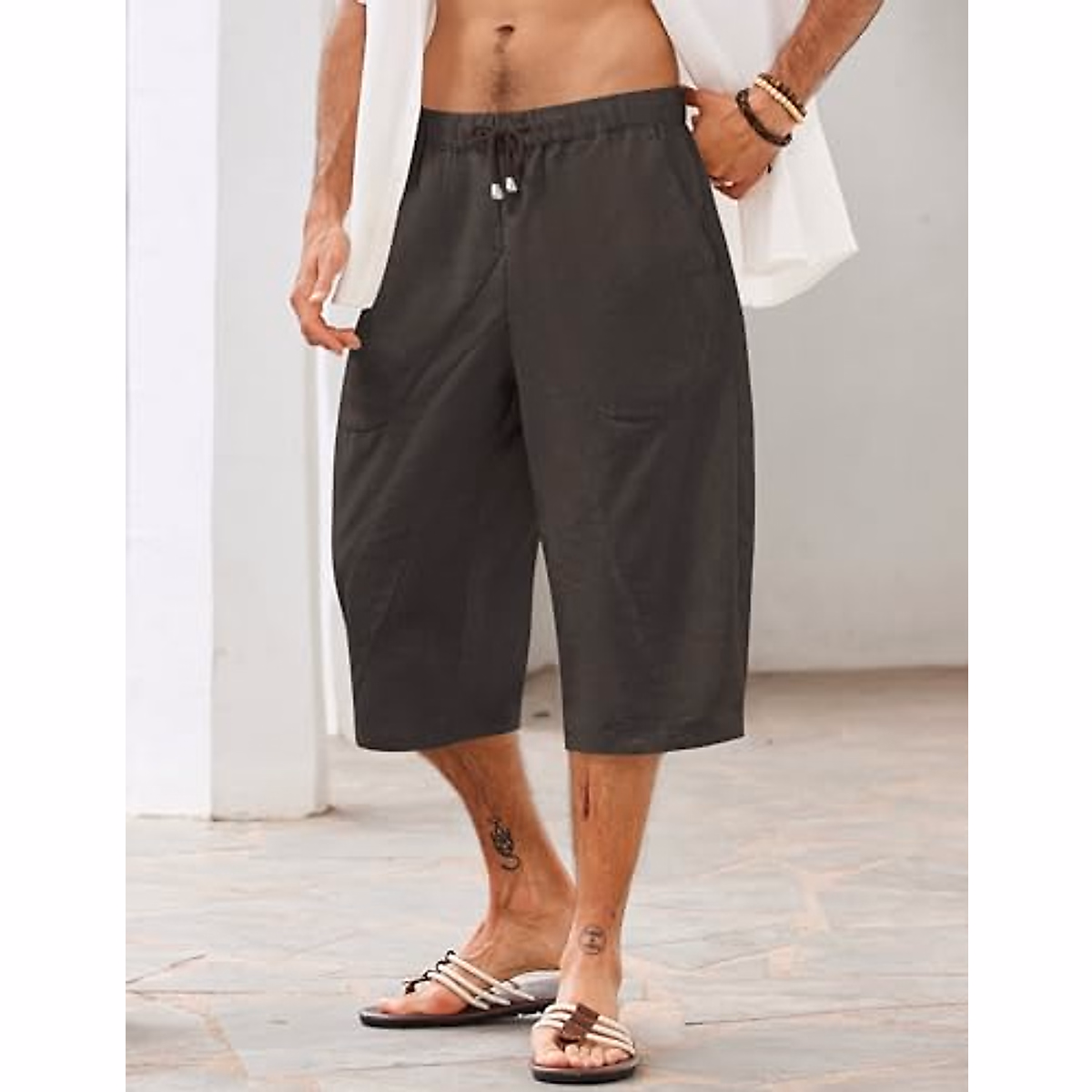 COOFANDY Capri Pants for Men Casual Cotton Linen Pants Elastic Baggy Capri Trousers Harem Capris, Dark Gray, XL