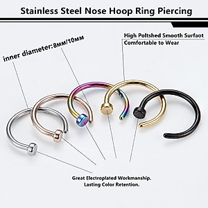 FIBO STEEL 18G-22G 5PCS Stainless Steel Body Jewelry Piercing Nose Ring Hoop (5mix color, 20G,8MM)