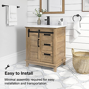 OVE Decors 30 in. Single Undermount Sink Bathroom Barn Door Vanity with Cloudy Cultured Marble Countertop, White Finish and Black Hardware