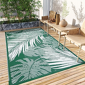 WondRg Outdoor Waterproof Patio Rug 5x8 Plastic Straw Reversible Lightweight Outdoor Area Carpet for Camping RV Picnic Backyard Deck Balcony Porch Beach, Green & White Leaf