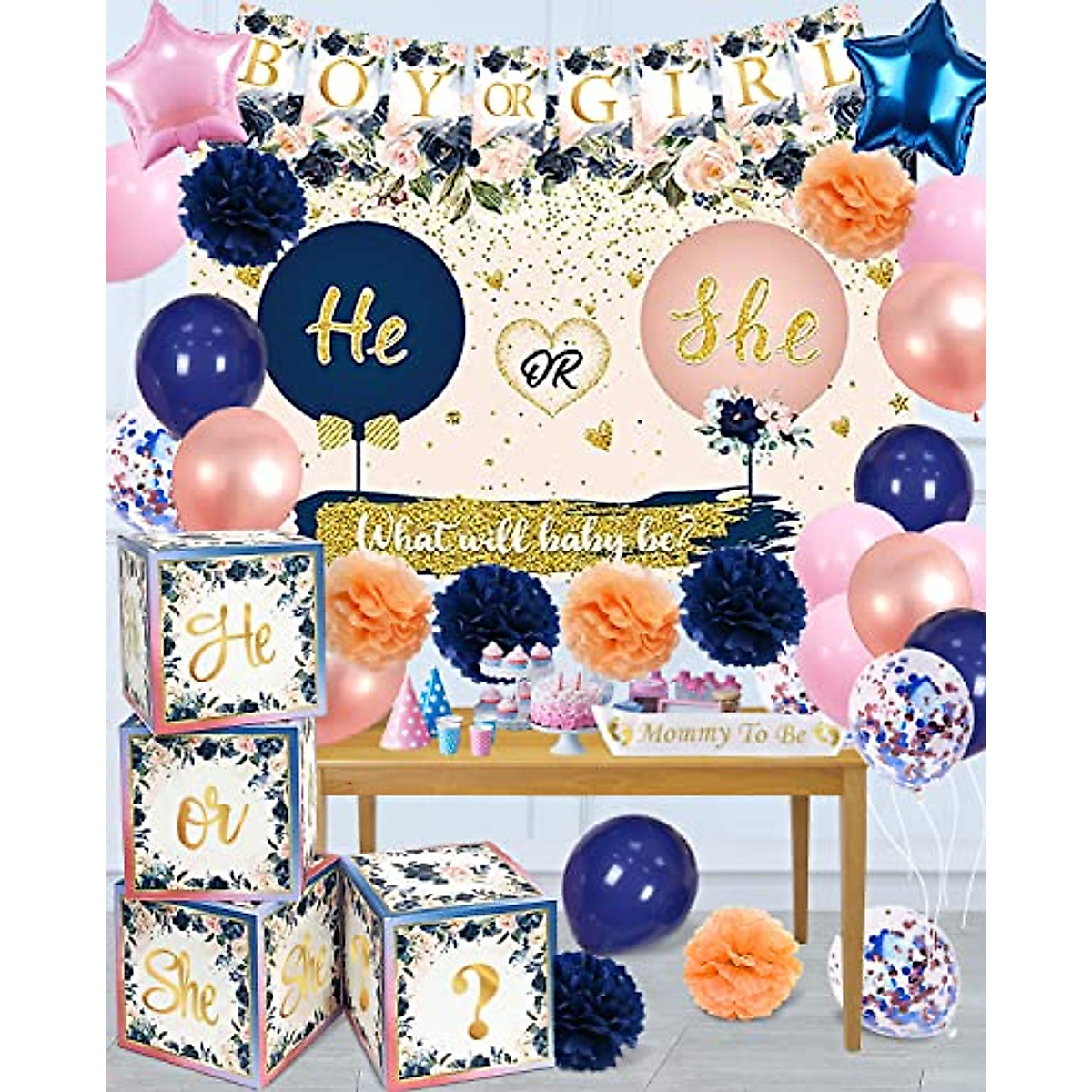 Gender Reveal Decorations - 4 Sets of He or She Balloons Boxes with Letters,Baby Blocks for Baby Shower Backdrop,Navy and Blush Balloons Set & Boy or Girl Banner,Mommy To Be Sach with Paper Pom Poms for Boy or Girl Baby Shower Gender Reveal Party Supplies