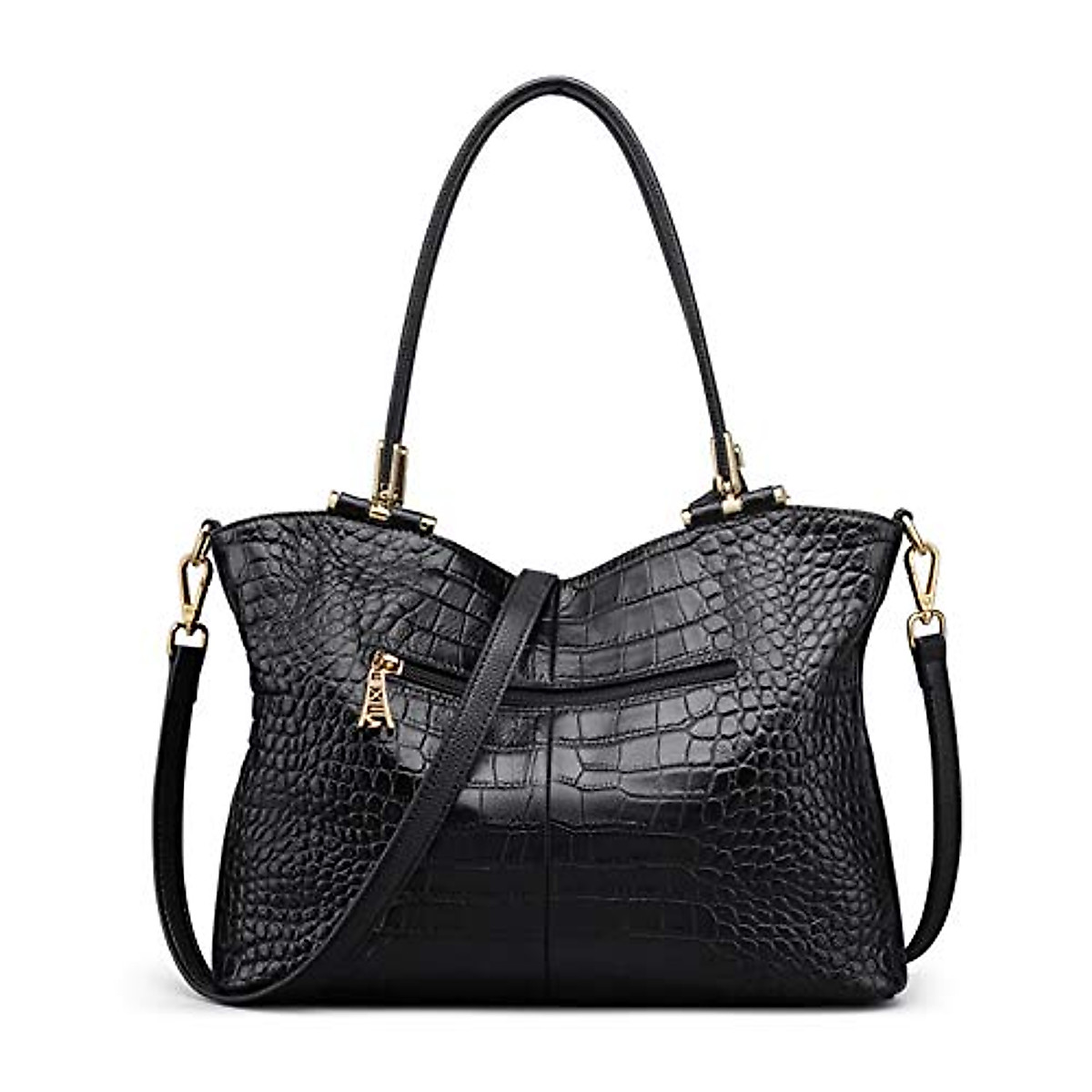 Black Leather Satchel Handbags for Women, Genuine Leather Crocodile Pattern Ladies Alligator Top-handle Bags with Adjustable Shoulder Straps Women's Tote Purses and Handbags Womens Casual Carryalls