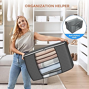 90L Large Storage Bags, 6 Pack Clothes Storage Bins Foldable Closet Organizer Storage Containers with Durable Handles Thick Fabric for Clothing, Blanket, Comforters, Bed Sheets, Pillows and Toys (Gray)
