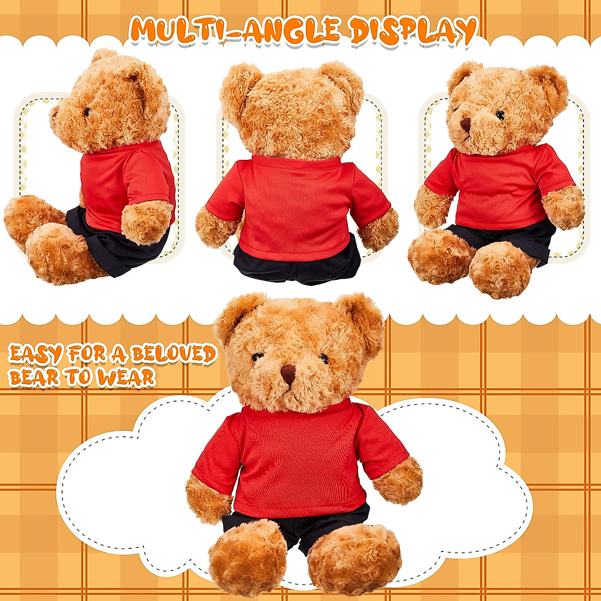 Zhanmai 3 Pack Basic Tee Shirt Bear Clothes Crew Neck Bear Shirt Classic Plush Bear T Shirt with Blue Jean Shorts, Stuffed Animal Clothing Accessories