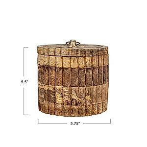Creative Co-Op 5.75 Inches Round Carved Mango Wood Pleated Lid and Metal Pull, Natural and Antique Gold Finish Display Box