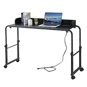 NOVII Overbed Table with Power Outlet,Wheels,Adjustable Height,Mobile Queen Size Bed Table Suitable for Home Office（Black）