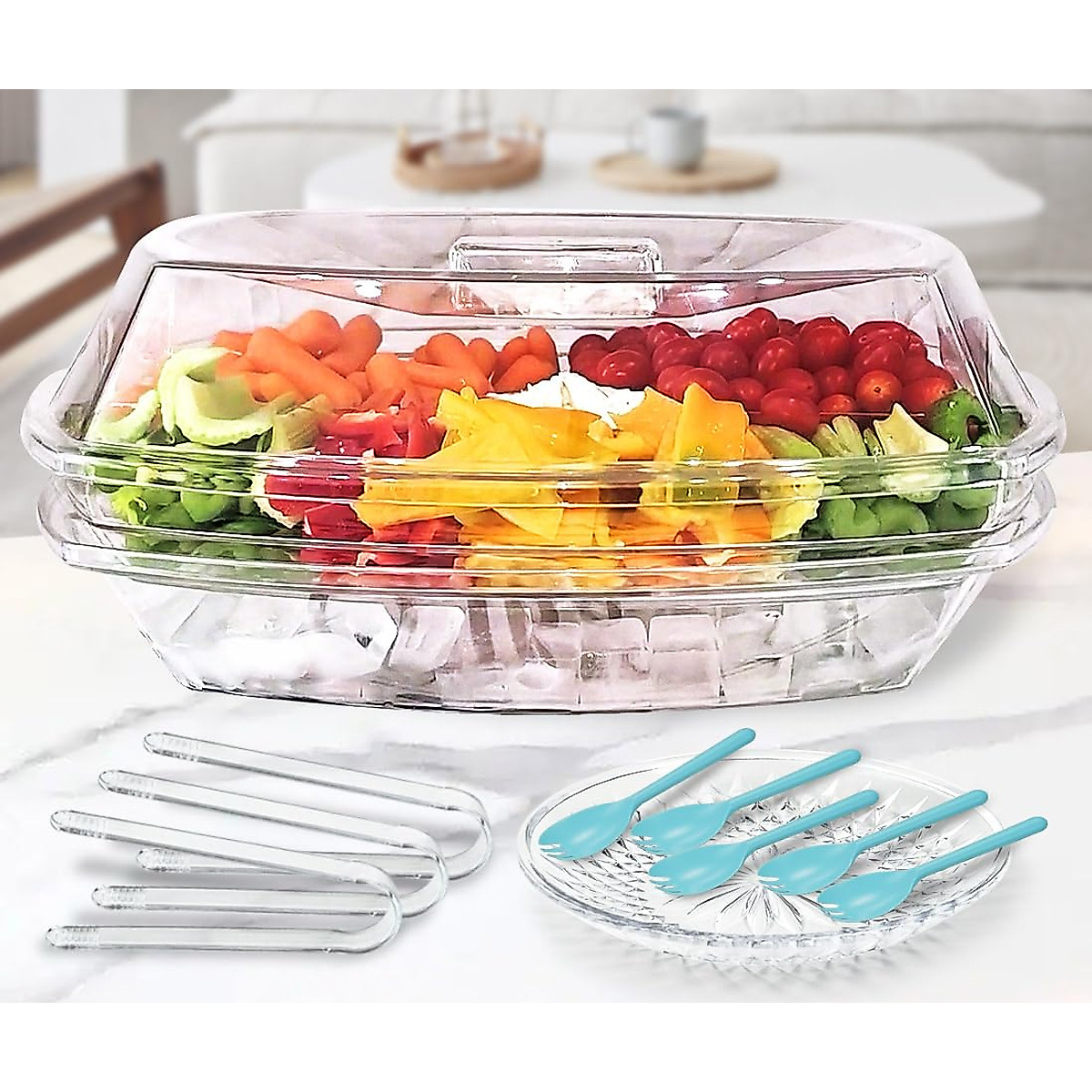 INNOVATIVE LIFE High-end Veggie Fruit Tray with Lid, Ice Chilled Vegetable Serving Platter with Ice Tray on Bottom, Perfect for Entertaining, Parties and Buffet, Clear