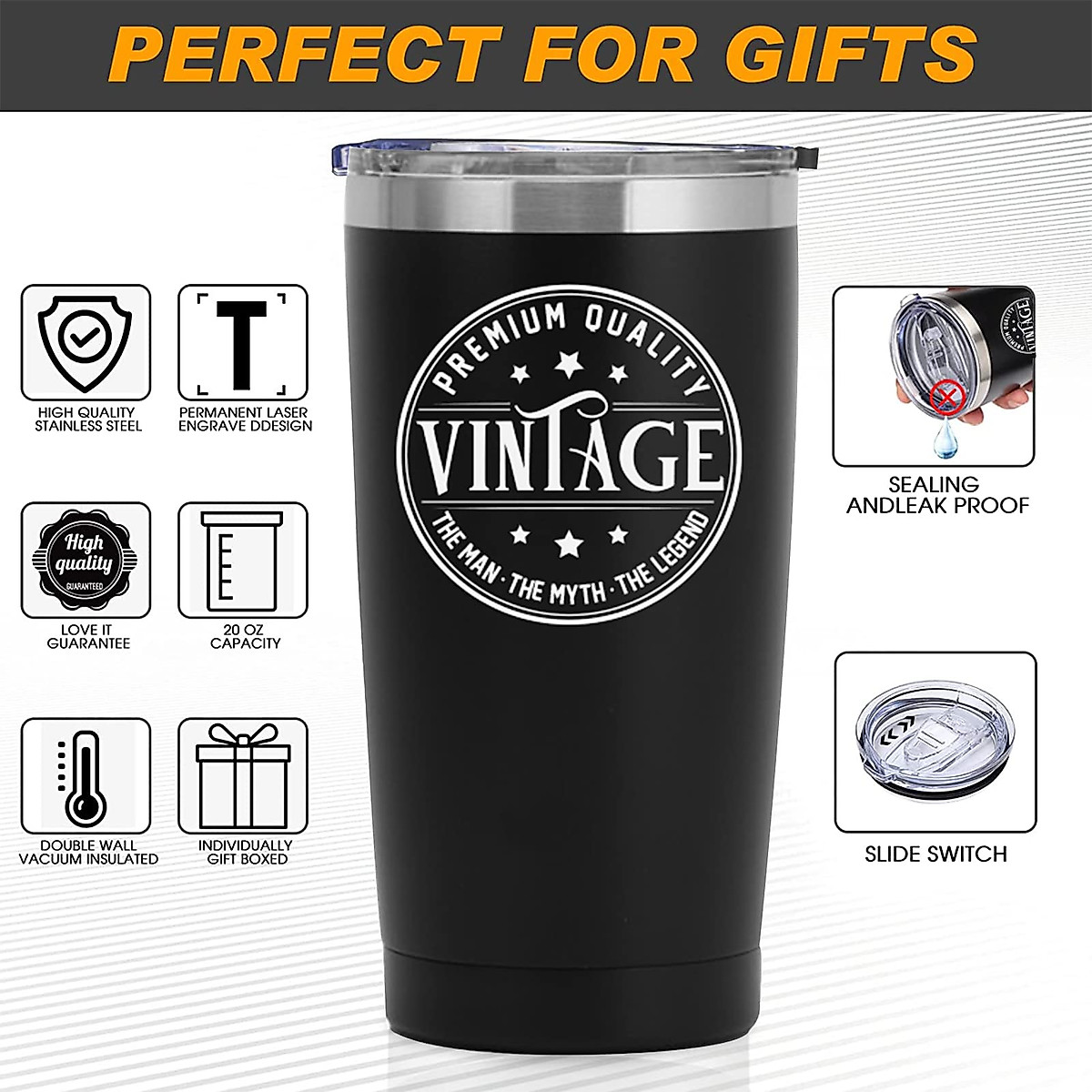 Vlipoeasn Men Gifts Box Birthday Gifts for Dad, Father, Men, Husband |Black and Gold Gift Set with 20 OZ Tumbler Cup, Knife, Coffee Soap, Birthday Card, Socks