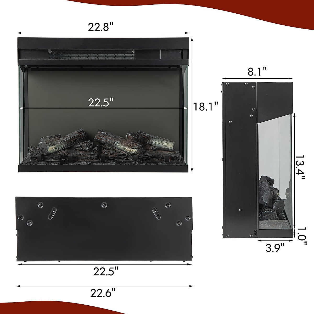 Tangkula 23-Inch 3-Sided Electric Fireplace Insert with Remote Control, 1500W Fireplace Heater with Thermostat, Adjustable Brightness, 8H Timer, Overheat Protection