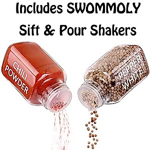 SWOMMOLY 30 Glass Spice Jars 6 oz Empty Square Spice Bottles with 703 Spice Labels, Chalk Marker and Funnel Complete Set. 30 Spice Containers with Airtight Cap, Pour/sift Shaker Lid