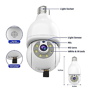 2K HD Light-Bulb Security Camera, Wireless 2.4G&5Ghz Wifi, Work With NVR & 3rd Party Software, RTSP Stream, Work With Alexa, 360° View, Auto Tracking, 2 Way Audio, Motion Detection, Remote View