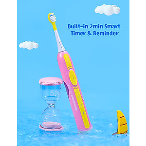 FOSOO Kids Electric Toothbrushes, Electric Toothbrush Kids Sonic Rechargeable 180 Days Battery Life,2 Modes with Memory,IPX7 Waterproof,2 Minutes Built-in Smart Timer for Ages 3+,4 Brush Heads (Pink)