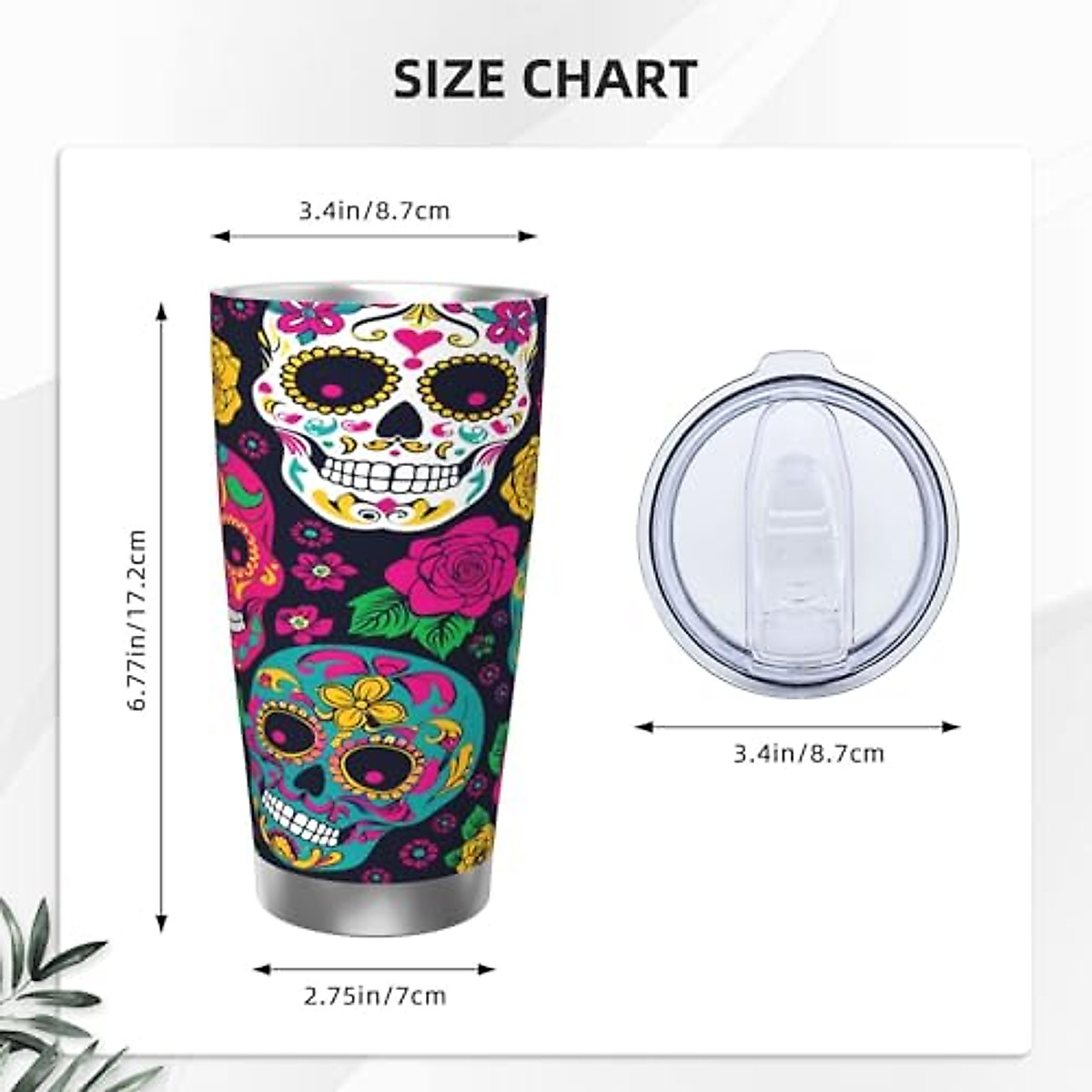 AYCZN Flower Mexico Skull 20 OZ Tumbler Stainless Steel Travel Coffee Mug, Floral Skeleton Insulated Water Bottle with Lid and Straws Leakproof Thermal Cup