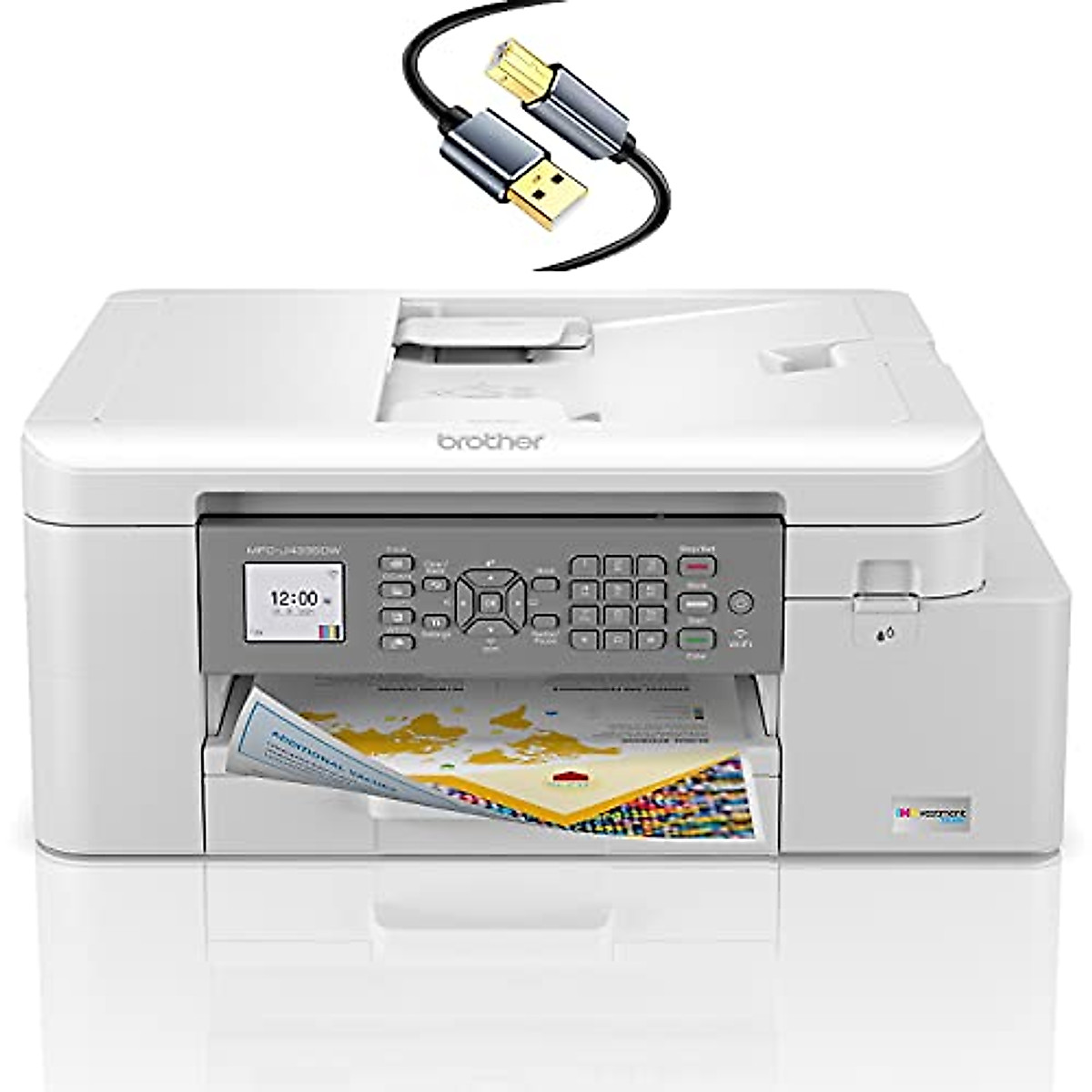 Brother INKvestment Tank MFC-J4335DWB Wireless Color All-in-One Inkjet Printer, White - Print Copy Scan Fax - 20 ppm, 4800 x 1200 dpi, Auto Duplex Printing, 20-Sheet ADF, CBMOUN Printer Cable