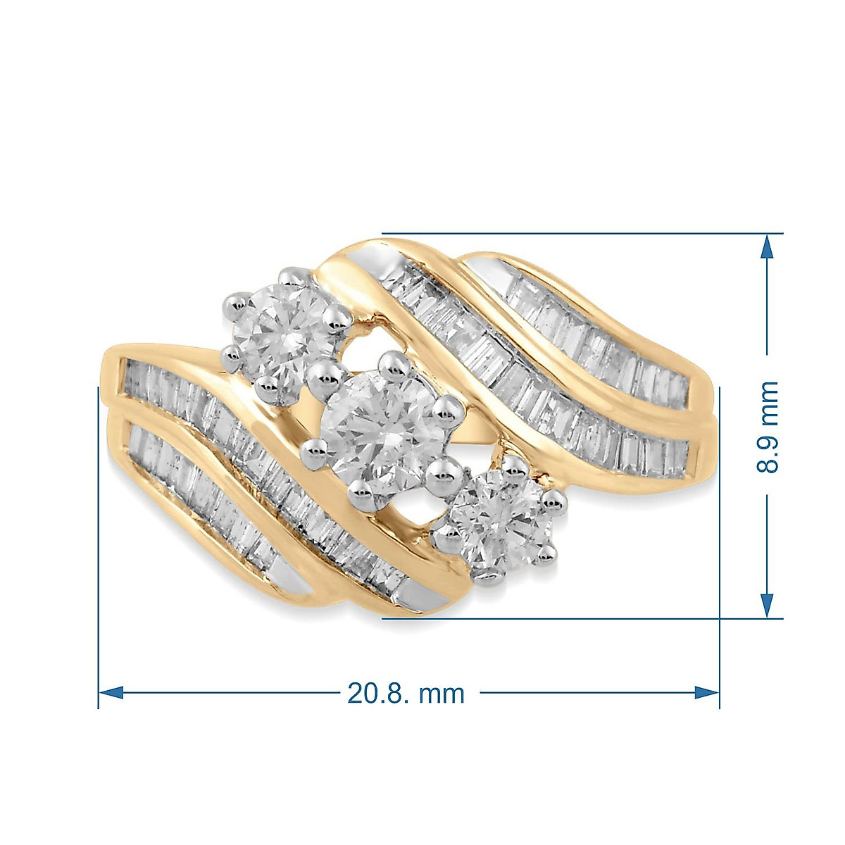 Jewelili 14K Yellow Gold Over Sterling Silver 4.5 MM and 3 MM Round Created White Sapphire and Natural White Round Diamond Accent Ring, Size 7