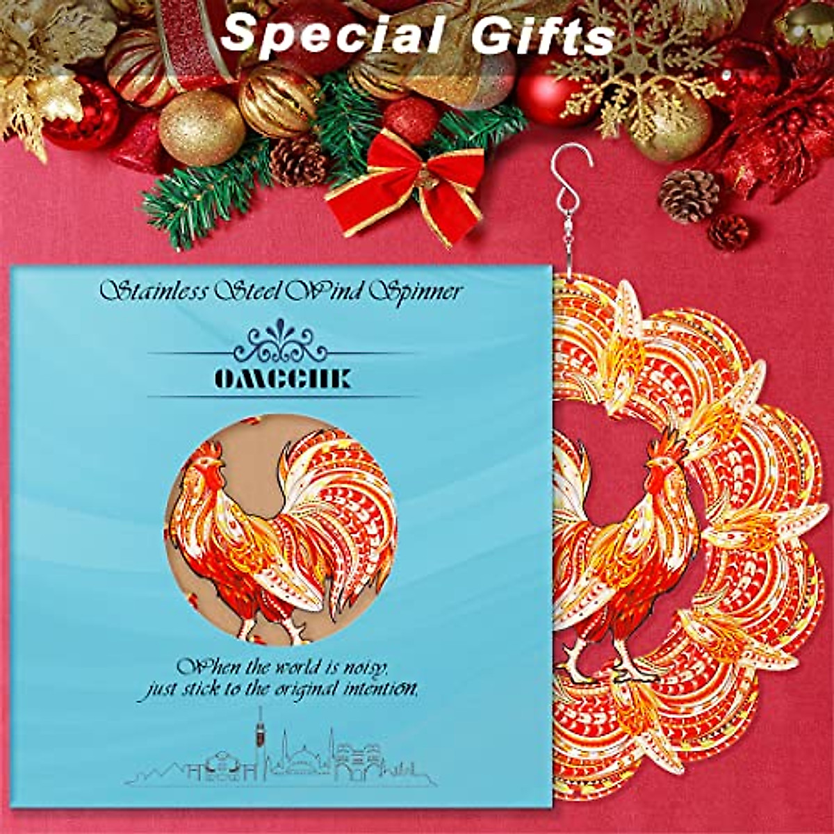 Rooster Wind Spinner Hanging, 3D Wind Spinners Outdoor Garden Decor, 12in Cock Spinning Yard Art Metal Large Ornaments, Stainless Steel Wind Catcher Chicken for Backyard, Red Gold Wind Sculptures Gift