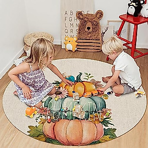 Harvest Pumpkin Round Area Rug 5ft,Washable Outdoor Indoor Carpet Runner Rug for Bedroom,Kitchen,Living Room,Office,Area+Rug Large Bath Door Desk Floor Mat Fall Thanksgiving Autumn Flower Leaves