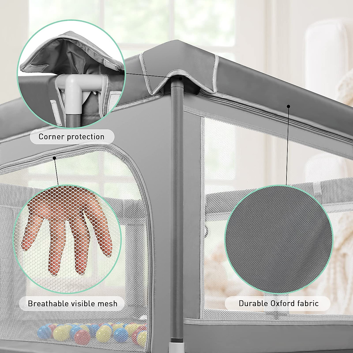 Cowiewie Baby Playpen with Mat 80.7X 61 x 27 inch Extra Large Playpen with Hanging Basket, 50 Ocean Balls and 4 Pull Rings, Safety Mesh Playpen, Kids Activity Center, Playpen for Babies and Toddlers