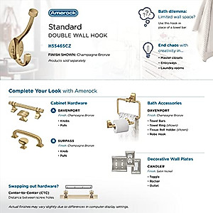 Amerock H55465CZ | Adare Double Prong Decorative Wall Hook | Champagne Bronze Hook for Coats, Hats, Backpacks, Bags | Hooks for Bathroom, Bedroom, Closet, Entryway, Laundry Room, Office