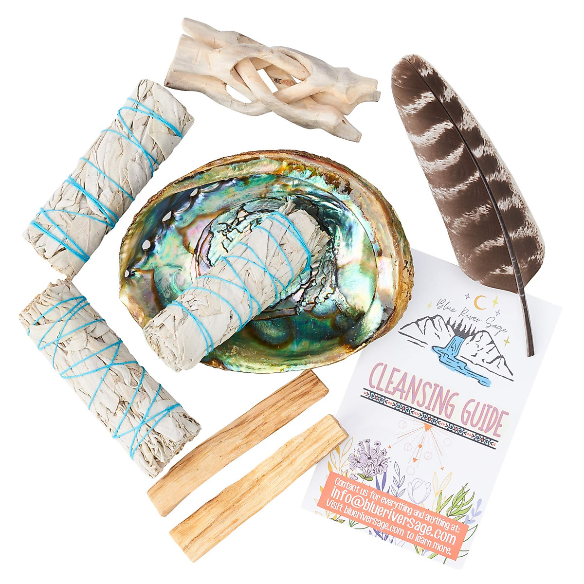 Home Cleansing & Smudging Kit with 3 White Sage, 2 Palo Santo, Abalone & Stand, Smudge Feather & Guide (Deluxe)