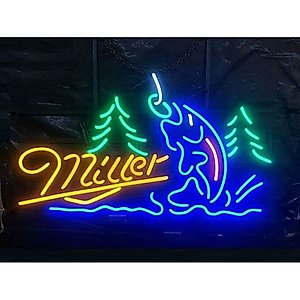 Prouten 24inx20in Millers Lite Fish Trees Fishing Get Hooked Neon Sign Light Man Cave Bar Pub Beer Gift Neon Lamp