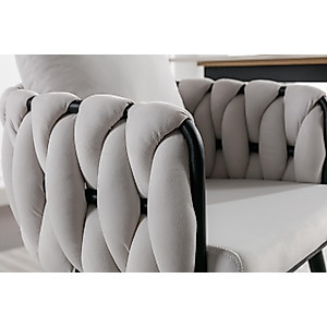 INMOZATA Dining Chairs Set of 2, Modern Woven Dining Room Chairs, Upholstered Kitchen Chairs, Velvet Dining Chair with Black Metal Legs,Ivory