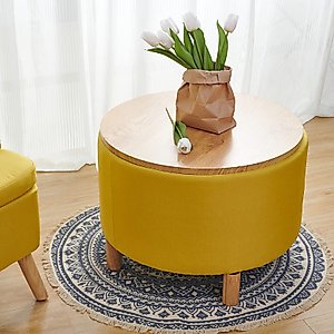 Simple&Opulence Modern Round Storage Coffee Table Ottoman for Living Room Bedroom, Accent Drum Side Table, Nightstand, Footstool, Sofa End Table with Wood Lid Tray and Solid Wood Legs (Yellow)