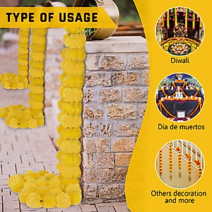 5Pcs Marigold Garland for Decoration, 5 Feet Artificial Marigold Flowers Diwali Decorations for Home, Yellow Artificial Marigold Heads for Diwali Party,Indian Weddings, Halloween,Wreath